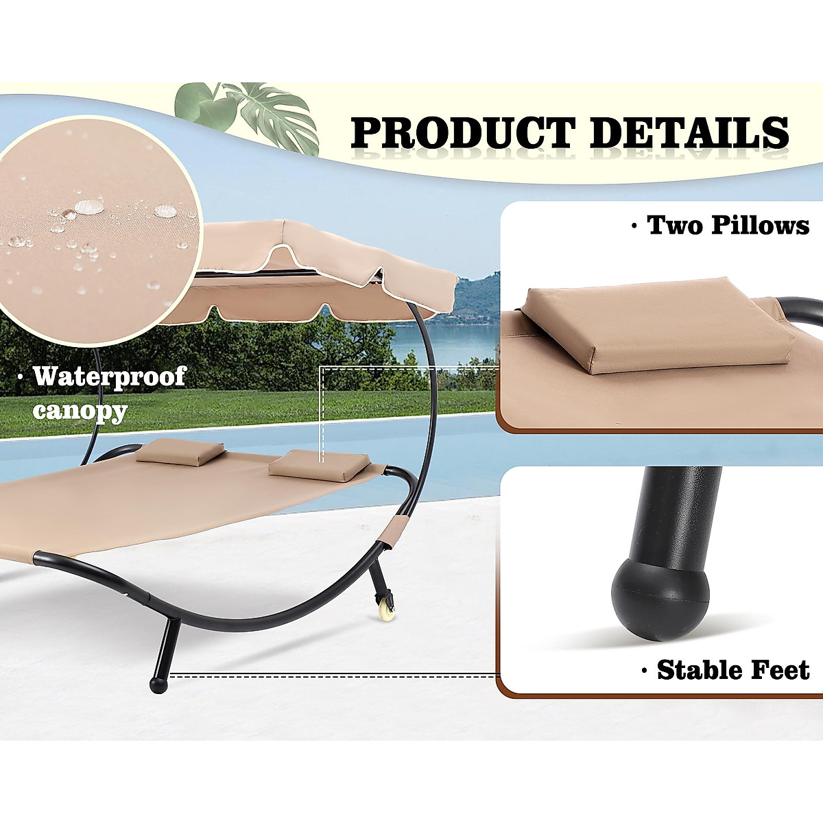 Grepatio Double Chaise Lounge Bed with Adjustable Canopy Outdoor Lounger Bed with Wheels Large Patio Hammock Daybed with 2 Pillow for Garden, or Poolside Sun Room