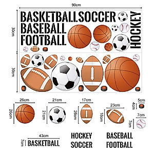 Supzone Sport Balls Wall Stickers Boys Wall Decals Basketball Soccer Baseball Football Hockey Wall Decor Boys Playroom Bedroom Classroom Living Room