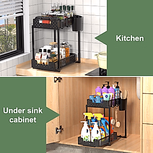 𝗡𝗲𝘄𝗲𝘀𝘁 Metal Under Sink Organizer and Storage, Bathroom Cabinet Organizer, 2 Tier Pull Out Under Cabinet Storage, Black Slide-Out Undersink Organizer for Kitchen/Home, Under Counter Organizer