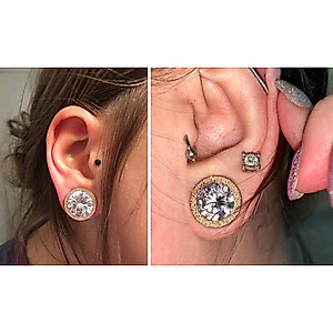 ZS Rose Gold Stainless Steel Screw Big Cubic Zirconia Ear Gauges Plugs Tunnels Expander Body Piercing (Gauge=00g(10mm))