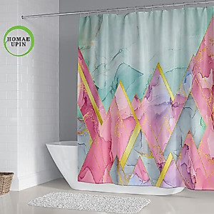 HOMAEUPIN 4 Pcs Gold Colorful Geometry Marble Shower Curtain Sets Watercolor Light Luxury Non-Slip Rugs Toilet Lid Cover U-Shaped Mat Modern Bathroom Accessory Sets 24 Hooks Red