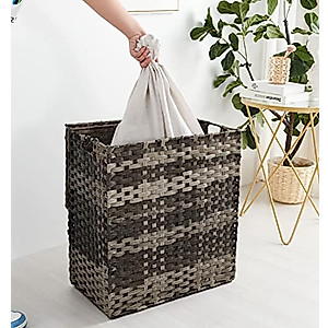 Caozichun Laundry Hamper, 110L Divided Laundry Basket with Removable Liner Bag, Handwoven Synthetic Rattan Clothes Hamper with Lid and Handles, Foldable, 22 x 13 x 24 Inches, Gray