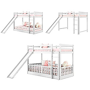 BIADNBZ Wooden Bunk Bed Twin Over Twin with Convertible Slide and Ladder, Low Floor BunkBed Frame w/Both Full-Length Guardrail, for Kids Boys Girls Bedroom, White
