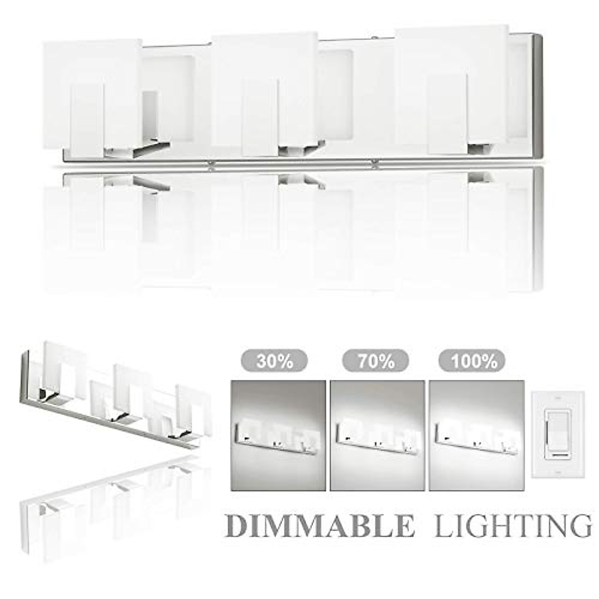 Aipsun 3 Lights Dimmable Modern LED Vanity Light for Bathroom Frosted White Acrylic Chrome Up and Down Bathroom Wall Light Fixtures Over Mirror(White Light 6000K)