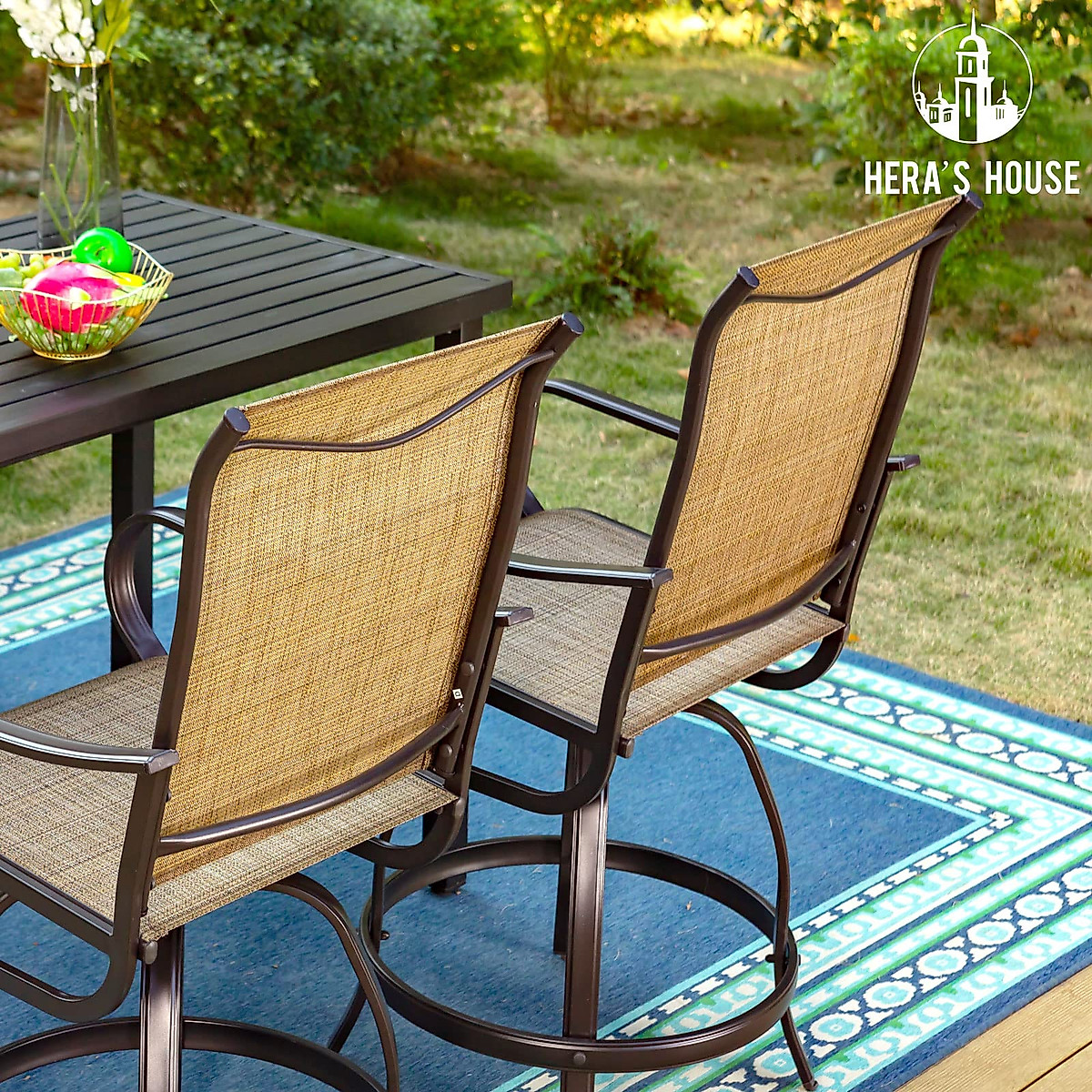 HERA'S HOUSE Outdoor Swivel Bar Stools, Counter Bar Height Patio Bar Stool Chairs with Solid Back & Armrest, All Weather Textilene Sling Fabric Chair for Deck Lawn Garden