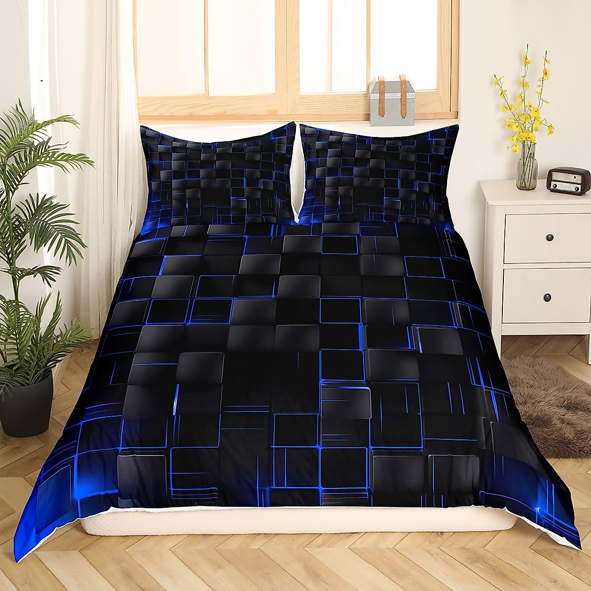 Geometric Grid Duvet Cover Set Queen Size, Royal Blue and Black Checkered Bedding Cover, Men Women Room Decor, Modern Abstract Check Plaid Square Bed Sets for All Season, 2 Pillowcases, No Comforter