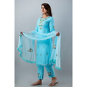 JG Women's Ethnic Wear Collection Rayon Straight Embridered Kurti & Pant Set With Dupatta Readymade Salwar Suit For Women Casual Wear(Blue-XX-Large Size)