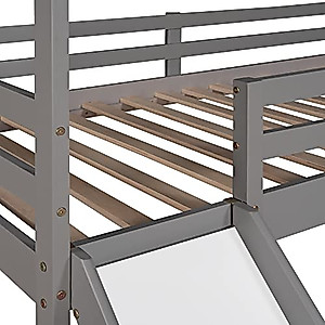 LostCat Twin Size Loft Bed with Slide, House Shaped Solid Pine Wood Bed Frame with Safety Guardrail & Ladder, No Box Spring Needed, Save Space Design for Kids, Teens, Girls, Boys, Grey