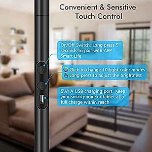 Floor Lamp, Super Bright RGBW Smart WiFi LED Floor Lamp for Reading, Dimmable Torchiere, for Living Rooms Bedrooms, for DIY, Compatible with Alexa & Google Home, Black, 25W