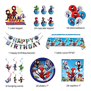 Spidey and His Amazing Friends Birthday Party Supplies Decorations Set with Tablecloth,Plates,Napkins, Banner, Balloons, Hanging Swirls, Cake Cupcake Toppers for Boys Girls Spidey-Theme Party
