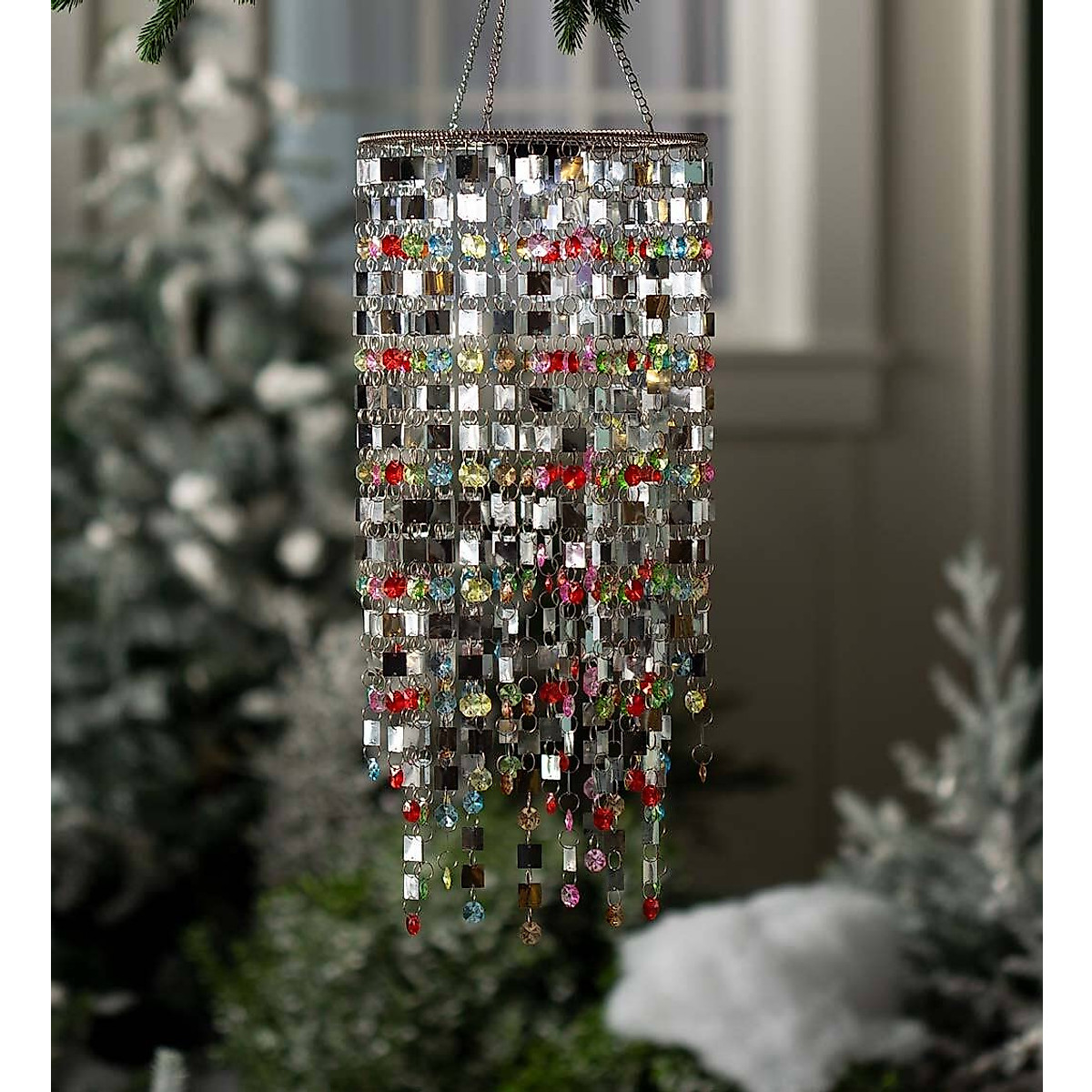 Wind & Weather Concentric Rings Silver and Multi-Colored Mirrored Outdoor Chandelier with Solar Lights Powered by Discreet Solar Panel in Top with Hanging Chain Included, 8½" Dia. x 29" H, Chain 9¼"L