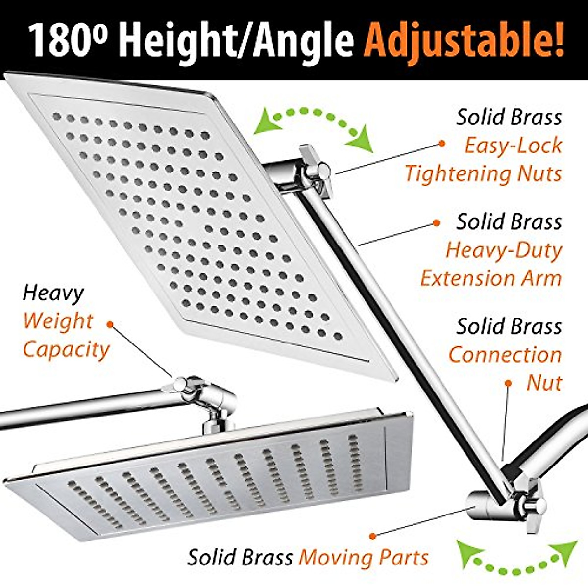 AquaSpa Giant 9-inch Diagonal Square Rain Shower Head PLUS 11-inch Solid Brass Angle Adjustable Extension Arm. 121 Jets with Rub-Clean Nozzles. Front and Back All-Chrome Finish. Sleek Square Design