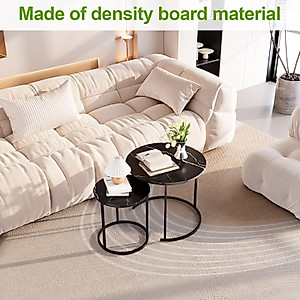 RRG Coffee Table Nesting Black Set of 2 Side - Black Frame and Round Black Marble Wood Table, Industrial End Table Side Tables for Living Room Bedroom Apartment Balcony Yard, Black Marble