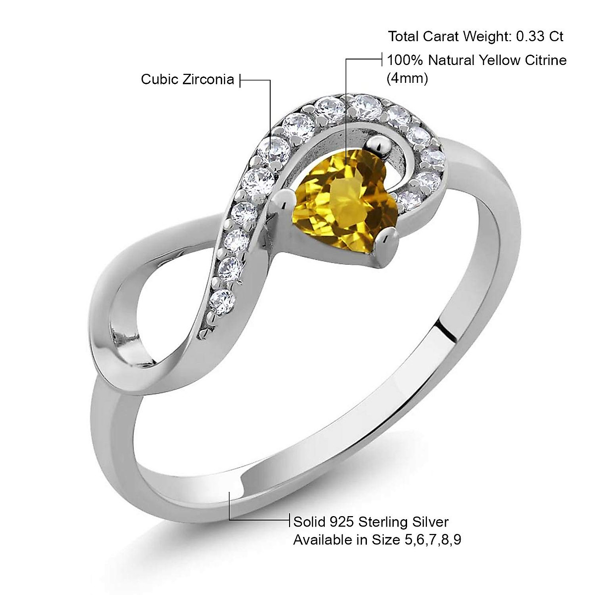 Gem Stone King 925 Sterling Silver Gemstone Birthstone Infinity Ring | Heart Shape 4MM | Wedding Engagement Anniversary Promise Ring For Women | Available in Size 5,6,7,8,9