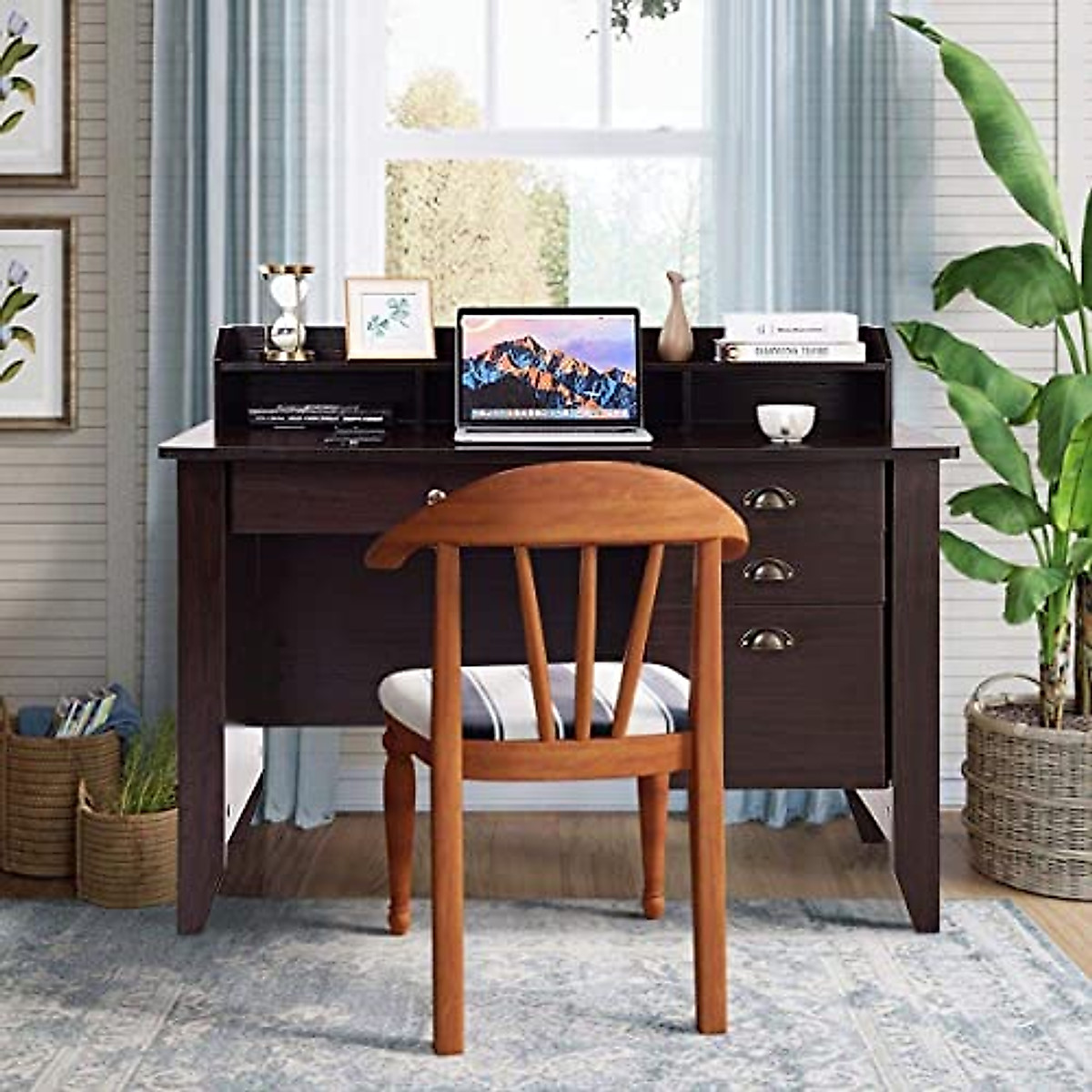 Tangkula Computer Desk with 4 Storage Drawers & Hutch, Home Office Desk Vintage Desk with Storage Shelves, Wooden Executive Desk Writing Study Desk (Brown)