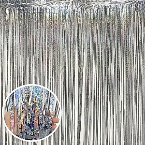 AIBIIN 2pcs 3.3x6.6ft Silver Tinsel Curtain Backdrop Silver Foil Fringe Curtain Backdrop Tinsel Streamers Party Decorations for Birthday Wedding Engagement Bridal Shower Baby Shower Bachelorette