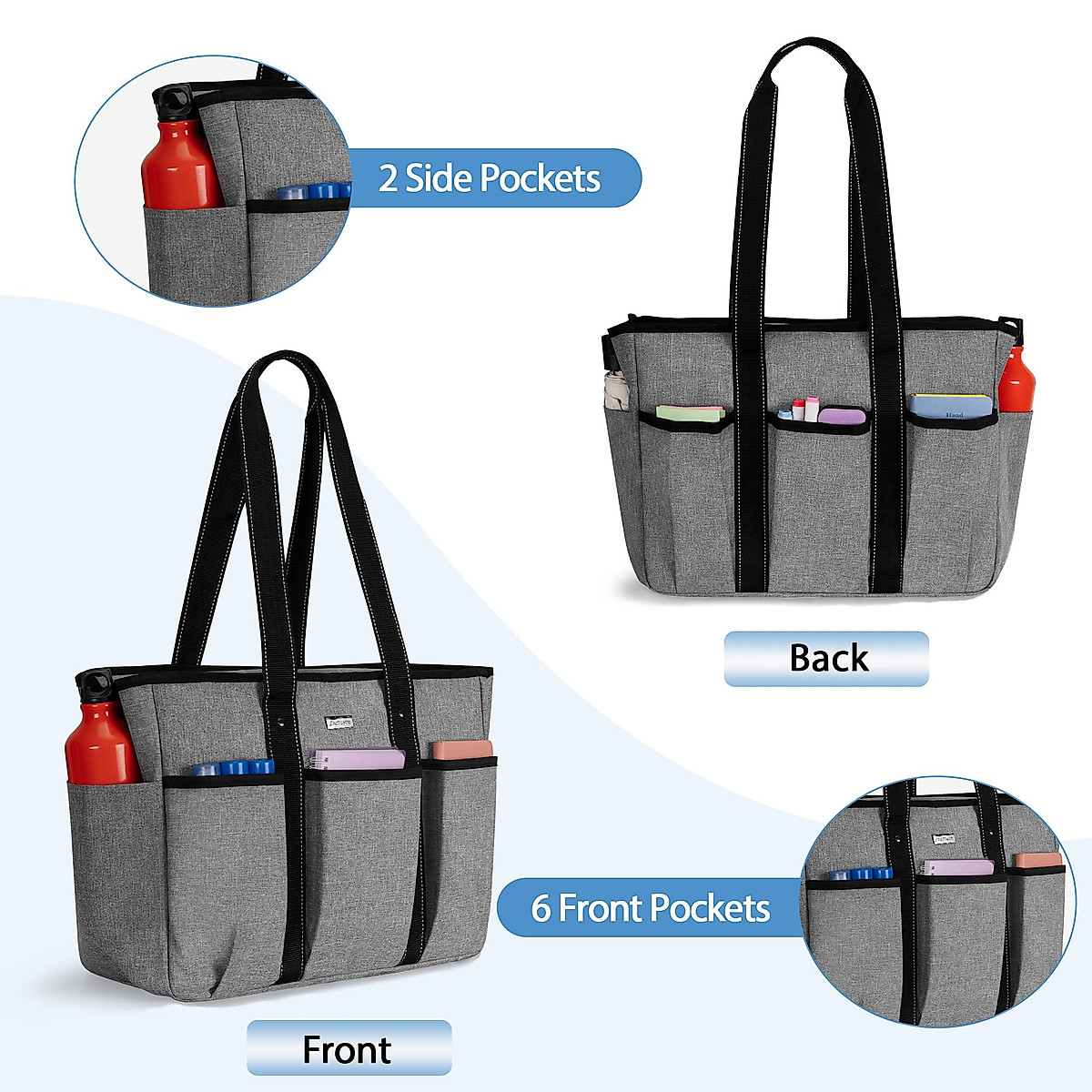 Damero Teacher Tote with Felt Insert Bag, Large Work Bag with 15.6 inch Laptop Compartment, Teacher Utility Tote for Office, Business, Travel, Gray