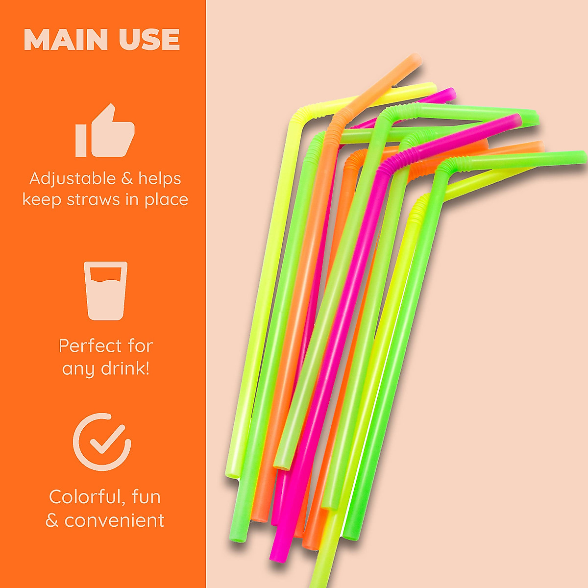 Jacent Flexible Disposable Drinking Straws, Bendable Plastic Neon Straws: 125 Count per Pack, Fun Bendy Kids Straws