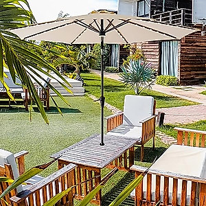 uHousDeco 9 ft Solar LED Patio Umbrella Umbrella, Auto Control and Rotatable Design Taupe