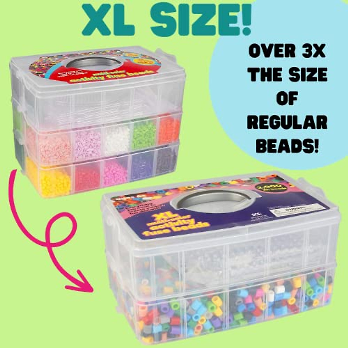 2,000 Piece XL Giant Biggie Fuse Bead Kit- Immediate Shipping, 3 XL Pegboards, 13 Colors, 6 Unique Templates,Melt Ironing Paper and Case- Works with Perler, Pixel Art Craft Project, Kids Holiday Party