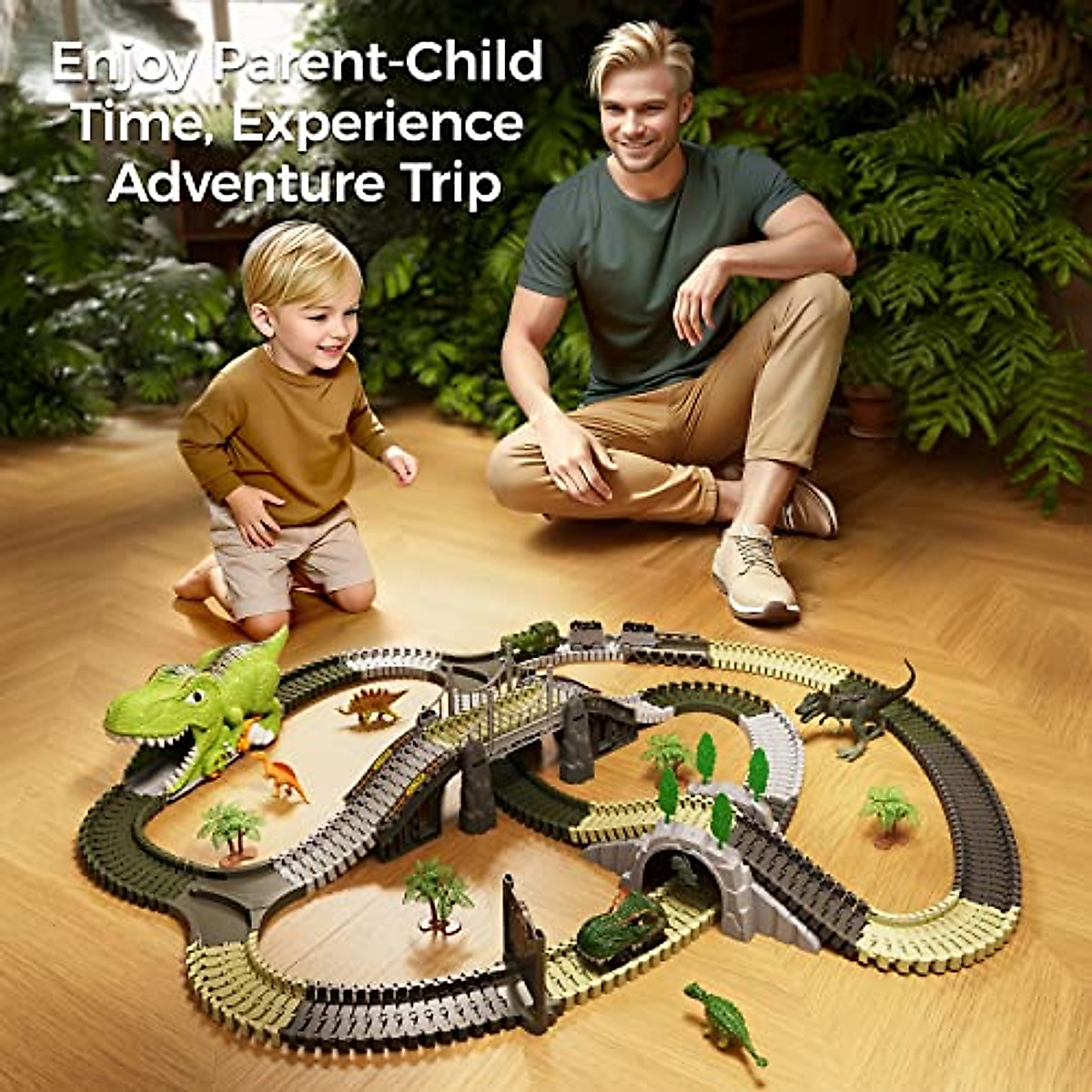 TUMAMA Dinosaur Toys Race Track, 281 Pcs Dinosaur Train Set for Kids 3-5 5-7, Flexible Train Tracks with 4 Dinosaurs Figures, 2 Electric Race Cars with Light, Create A Dinosaur Road Race for Toddlers