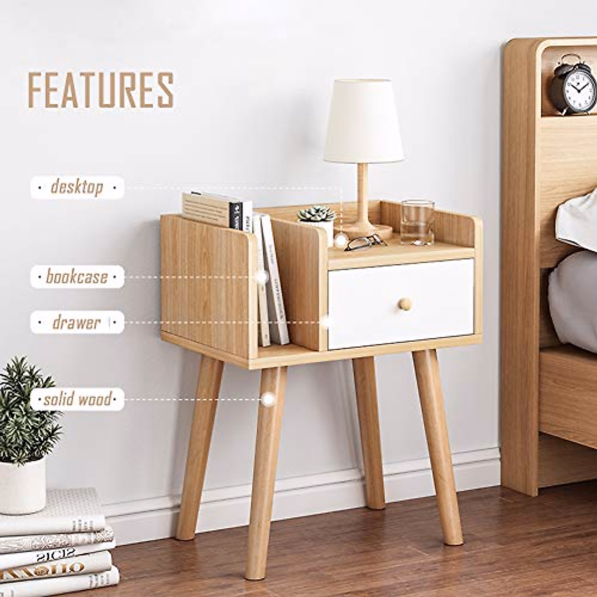 IOTXY Bedroom Wooden Night Stand - Bedside Cabinet with Storage Drawer and Bookcase, Compact Nightstands in White