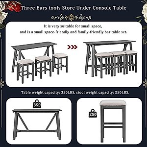 Merax 4-Piece Bar Table Set with USB Port and 3 Fabric Padded Stools w/Footrest, Rustic Bar Dining Set
