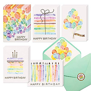 VNS Creations 100 Happy Birthday Cards, Assorted Watercolor & Gold Foil Blank Birthday Notes Pack, Bulk Boxed Assortment Set of Greeting Note Cards w/ Envelopes & Stickers