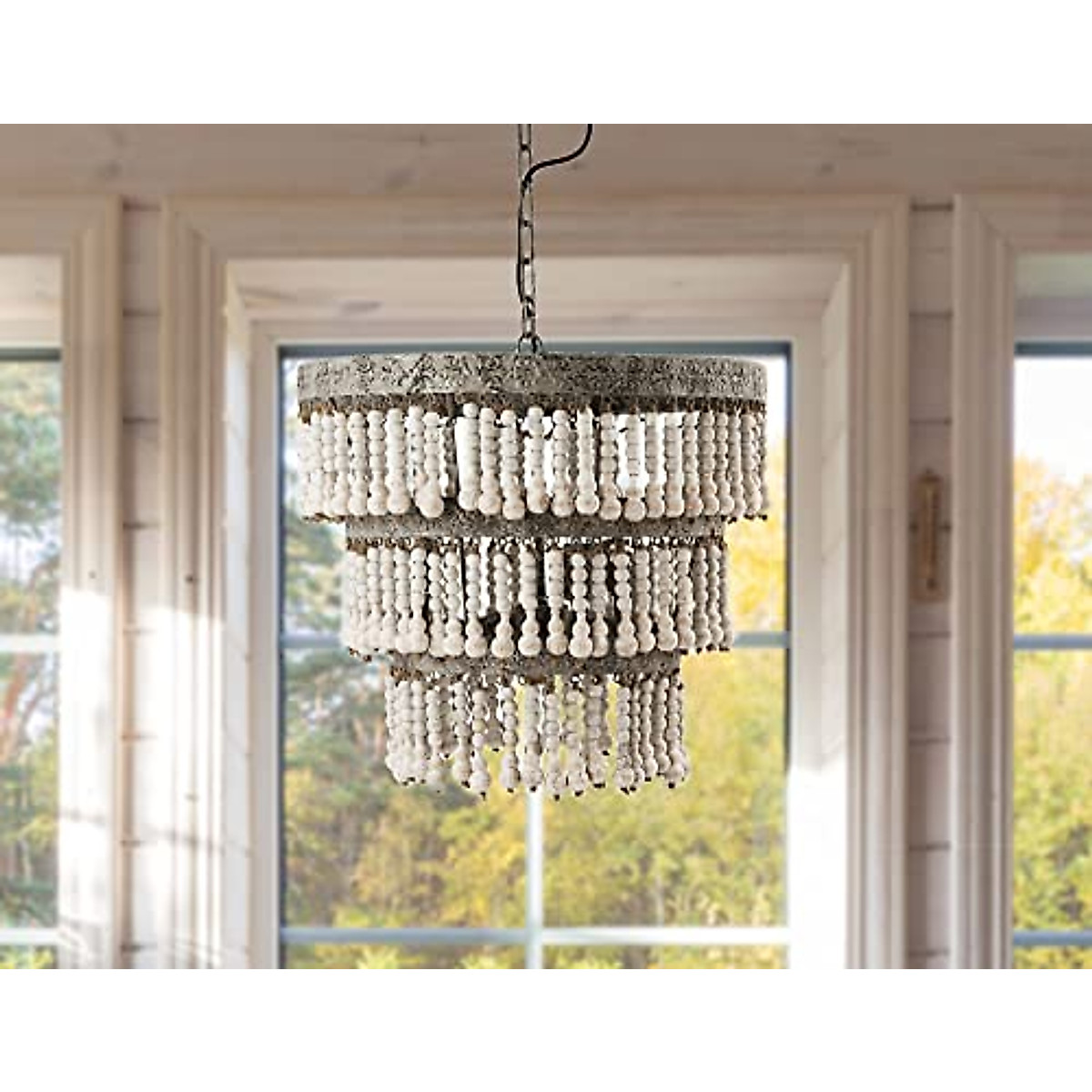 Creative Co-Op Metal & Wood Beaded Chandelier, 20.5" Round by 20" Height, Off- White