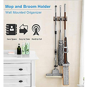 2IN1 No Drilling Broom Mop Holder, Broom Gripper Holds Self Adhesive, Wall Mounted Storage Rack Storage & Organization for Home, Kitchen Pan and Wardrobe Bathroom Garage Laundry Organizer Rack