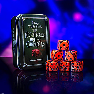 USAOPOLY Nightmare Before Christmas Premium Dice Set | Collectible d6 Dice | Red & Black Custom Dice with Collectible Tin Case | Officially Licensed Disney 6-Sided Dice (AC004-291-002000-12)