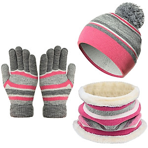GOLHUA 3Pcs Kids Winter Hat Scarf Gloves Set for 3-6 Years Old Boys Girls Elastic Beanie Hat Circle Scarf Set Knitted Plush - Pink, One Size