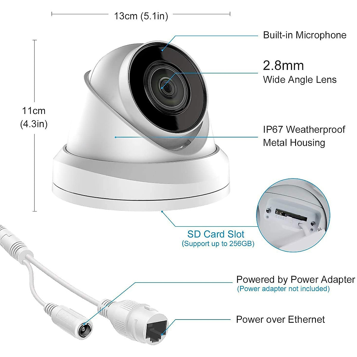 Anpviz 5MP Security IP Dome PoE Camera with Mic/Audio, 5.3MP (3072 * 1728) Turret Outdoor Camera, 98ft NightVision, 2.8mm Lens, IP67 Weatherproof, SD Recording (256GB), White (IPC-D353W-S)