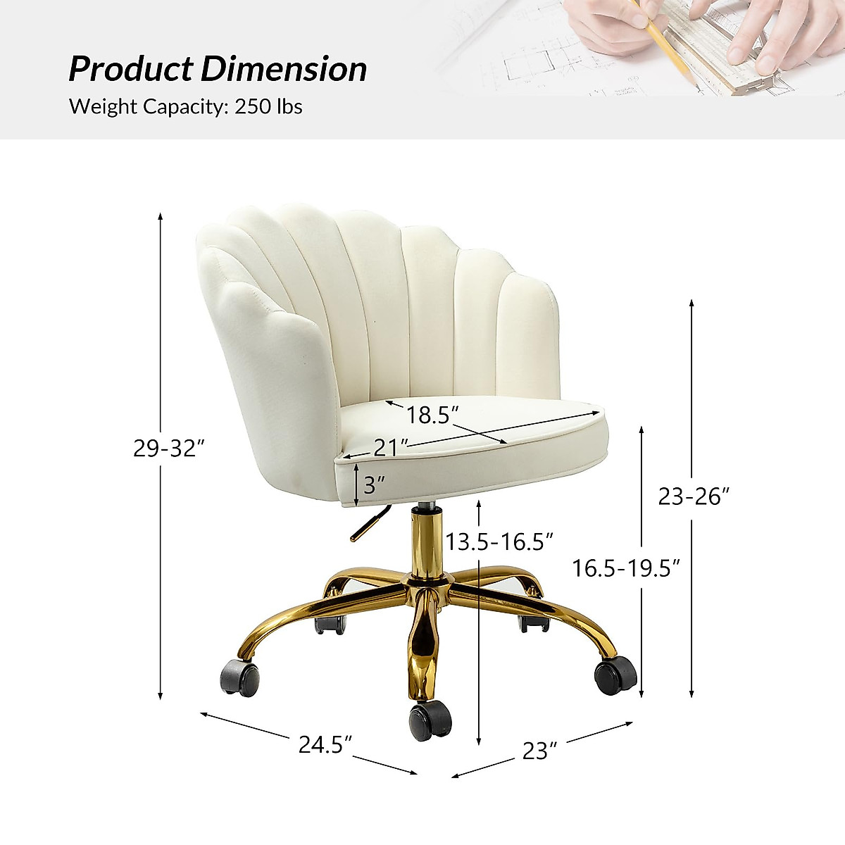 HULALA HOME Velvet Home Office Chair with Gold Base, Womans Modern Cute Shell Back Upholstered Desk Chair for Vanity, Adjustable Swivel Task Chair for Living Room, Ivory Chair for Desk