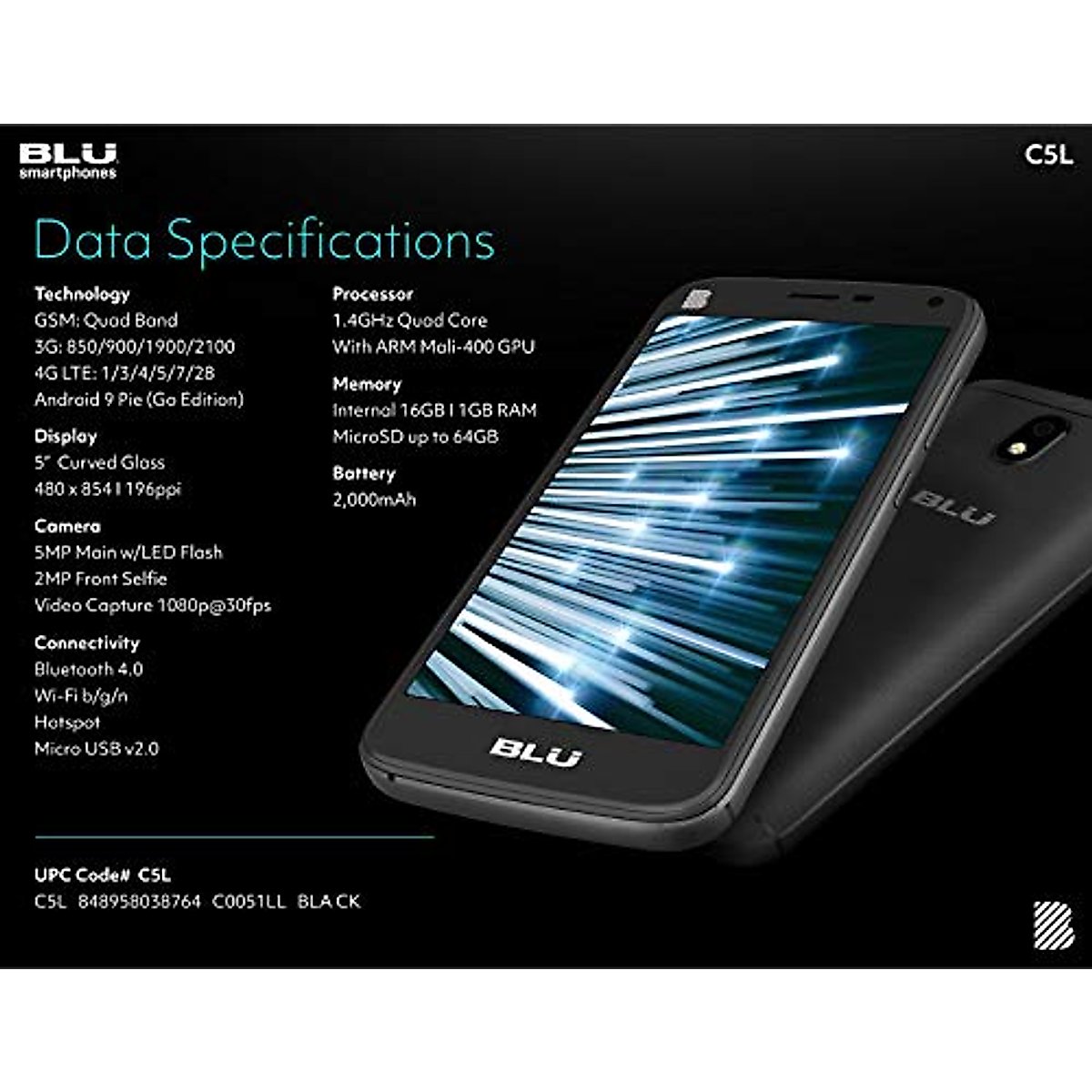 BLU C5L Android Cell Phone 5'' 16GB Memory Factory Unlocked 5.0'' Display -Black