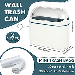 Bokon 2 Pcs Mini Trash Can with Lid Removable Tiny Wall Mounted Trash Can Mini Trash Bin with 4 Roll Thickened Trash Bags Garbage for Desktop Countertop Table Bathroom Office (White)