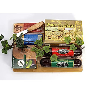 Gift Basket Village Board Of Directors Meat & Cheese Gift Arranged On Durable Bamboo Cutting Board With Sausage, Cheese and Crackers & A Spreader, Small, 8 Piece Set