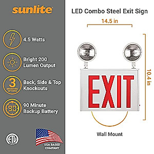 Sunlite 05275 LED Steel Exit Sign Combo, White Housing with Red Lettering, 90-Minute Battery Power Back-Up, Triple 360 Degree Adjustable Head Lamps, 200 Lumens, 120-277V, Fire Safety, NYC Compliant