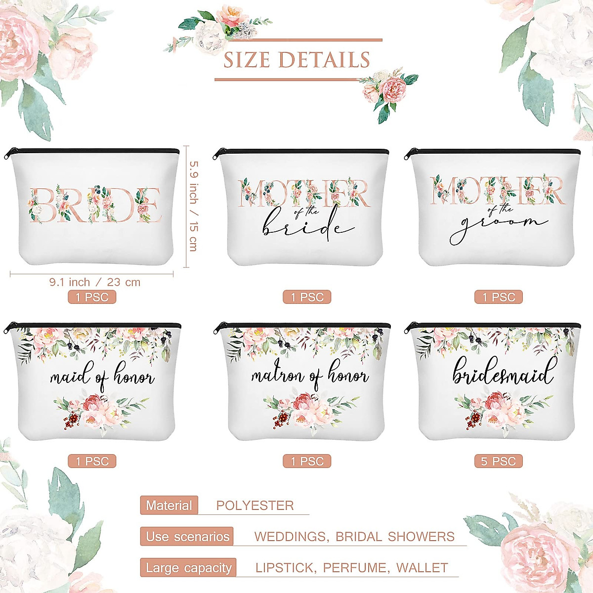 10 Pieces Bridesmaid Makeup Bag Wedding Canvas Bag Bride Bridesmaid Bags Print Bridesmaid Gift Bag Canvas Makeup Bags Wedding Party Cosmetic Bag Bridal Shower Gift Bags for Women Bridal Party(Floral)