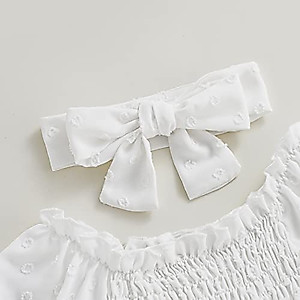 Infant Baby Girls Romper Dress Dot Pattern Short Sleeve Ruched Jumpsuits Skirts Hem Bodysuits Headband (White dots, 0-6 Months)