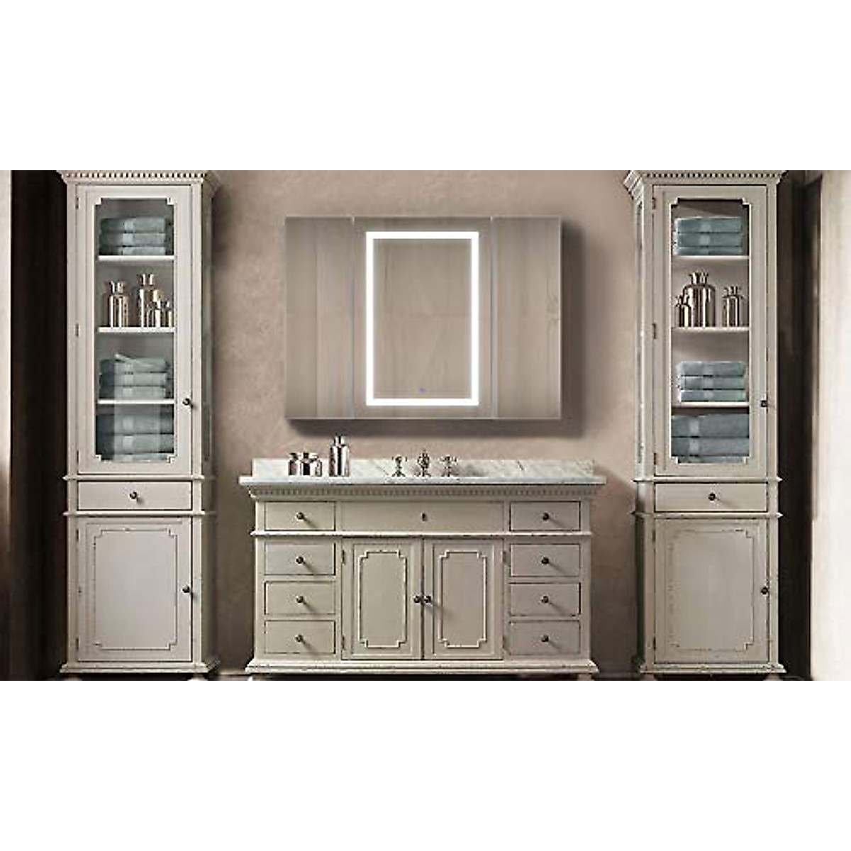 Krugg LED Tri-View Medicine Cabinets with Defogger, Dimmer, 3X Makeup Mirror, Outlet & USB (48 x 36 Left Left Right)