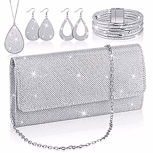 5 Pcs Women's Evening Bag with Glitter Jewelry Set, Glitter Clutch Purse Party Handbag with Chain Bling Teardrop Pendant Necklace Multi Layer Bracelet PU Leather Dangle Earring for Lady (Silver)