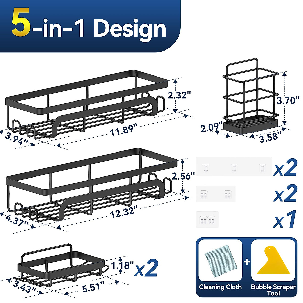 YASONIC Adhesive Shower Caddy, 5 Pack Shower Organizer with Soap Holder - No Drilling, Rustproof Shower Shelves, Shower Organizers and Storage for Inside Shower, Black