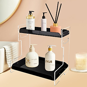 Tasybox Bathroom Organizer Countertop, 2 Tier Vanity Tray, Acrylic Bathroom Counter Shelf, Spice Rack for Kitchen Home Decor Clear & Black
