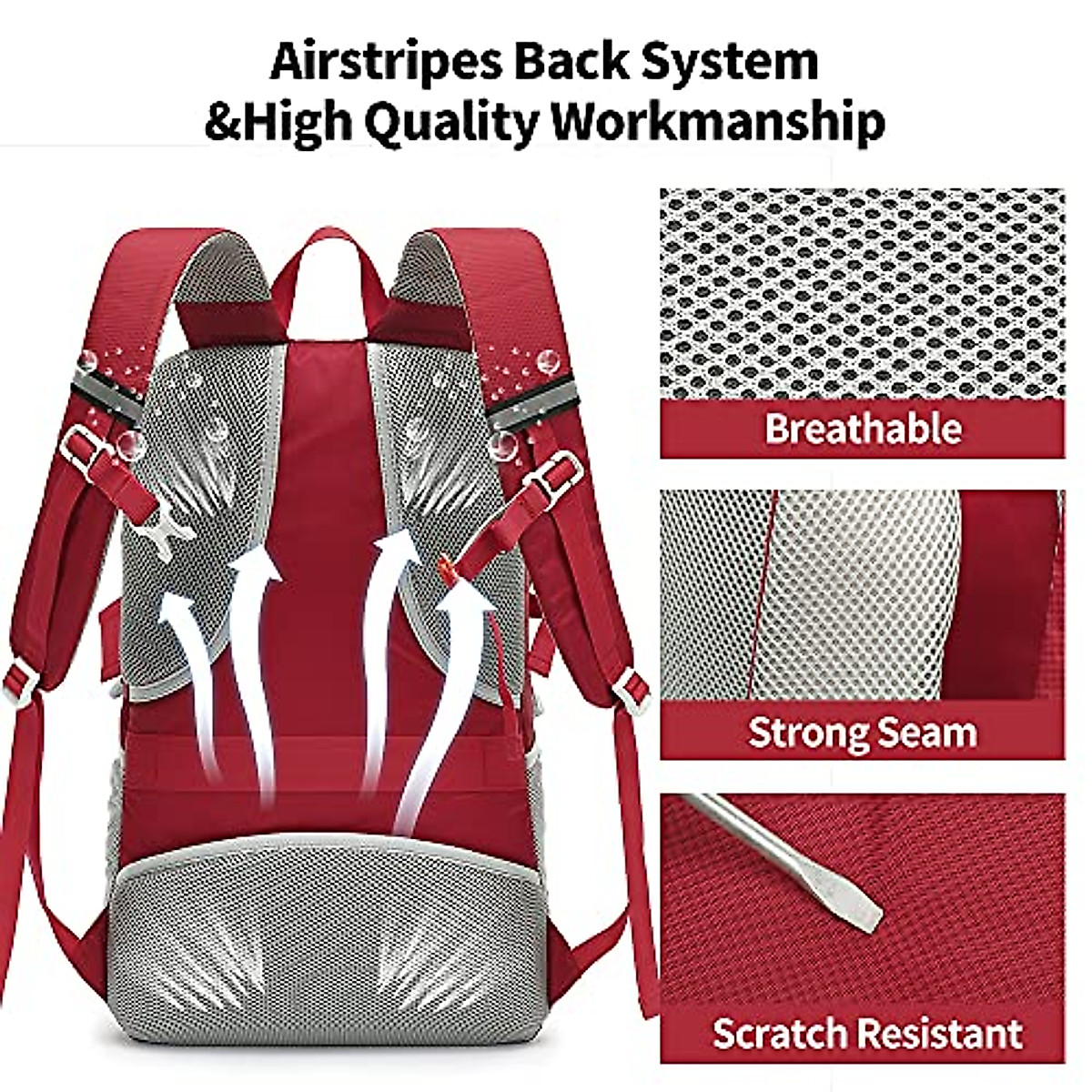 FUXINGYAO Hiking Backpack, Waterproof Lightweight Backpack, 40L Multi Compartment Outdoor Sport Camping Bag Travel Daypack for Men Woman, Red