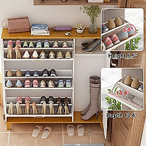 DiDuGo Modern Shoe Storage Cabinet with 3 Compartment & 1 Locker, Shoe Cabinet Organizer for Entryway White-Walnut (47.2”W x 9.5”D x 49.4”H)