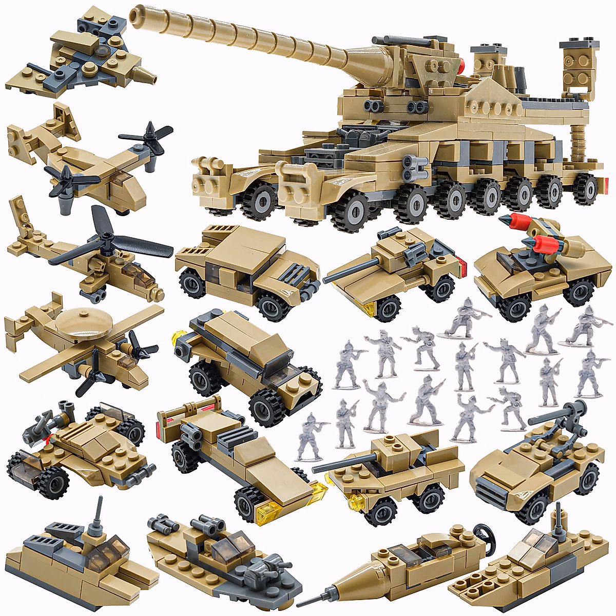 WW2 Army Building Blocks Toys Set Compatible with Lego, Create a German Dora Cannon or 16 Small Military Vehicles, with 20 Toy Soldiers, for Boys Kids Age 6 7 8 Year Old