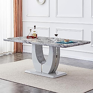 71" Marble Dining Table for 6-8 People,71" Kitchen Table with Imitation Marble Grain MDF Table Top & U-Shaped Supports & Grey Wooden Base Modern Dining Room Table Grey Dining Table