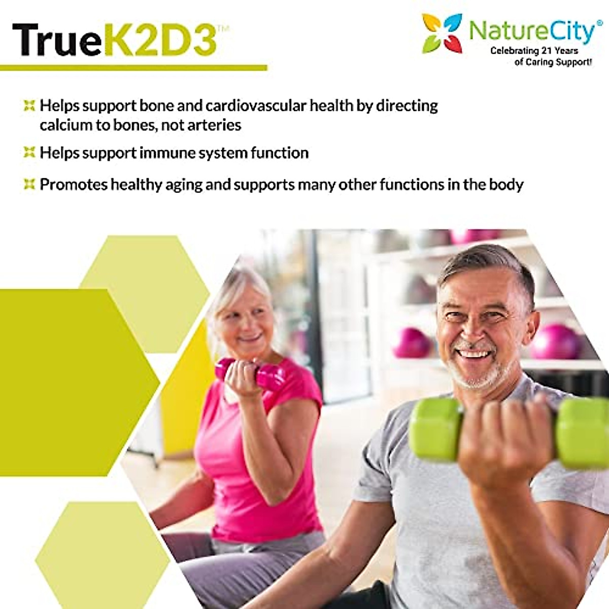 NatureCity TrueK2D3 Bone and Heart Health Formula - Plant Based 90mcg of Vitamin K2 (MK7) & 62.5mcg of Vitamin D3 60 Veggie Capsules