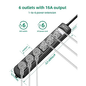 Outdoor Power Strip Weatherproof, Waterproof Surge Protector 6 Outlets, 6 FT Extension Cord, 1875W Overload Protection, Shockproof Outlet, Wall Mountable for Home, Kitchen, Bathroom, Garden, Patio